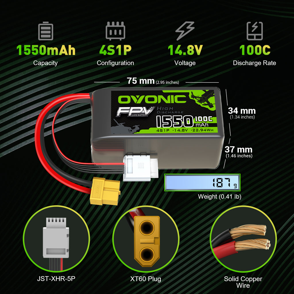 OVONIC 14.8V 1550mAh 4S 100C LiPo Battery Pack with XT60 Plug for FPV – Ampow