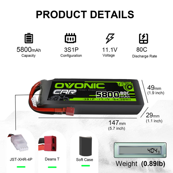 2×Ovonic 80C 3S 5800mAh 11.1V LiPo Battery Deans for 1/10 Traxxas Losi ...