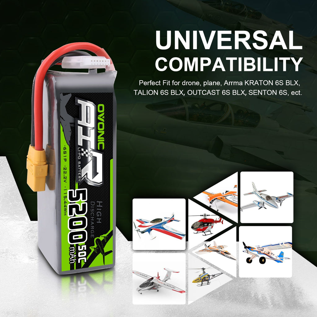 OVONIC 22.2V 50C 6S 5200mAh LiPo Battery Pack with XT90 Plug – Ampow
